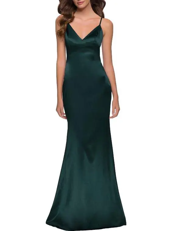 La Femme Stretch Satin Trumpet Gown - Dark Emerald