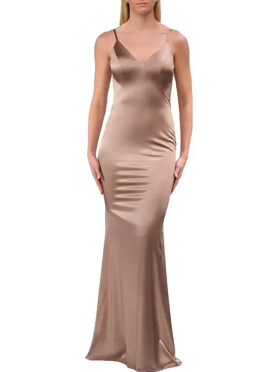 La Femme Stretch Satin Trumpet Gown - Nude