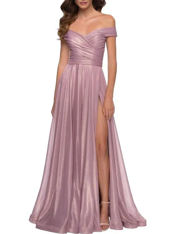La Femme Off-the-shoulder Chiffon Gown With Slit - Pink Metallic
