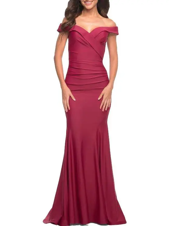 La Femme Off-the-shoulder Evening Gown - Wine