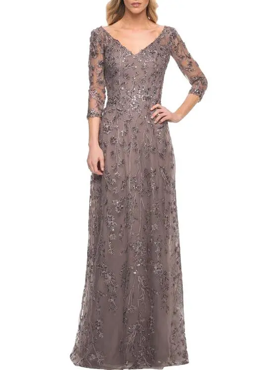 La Femme Beaded Lace Gown - Gunmetal