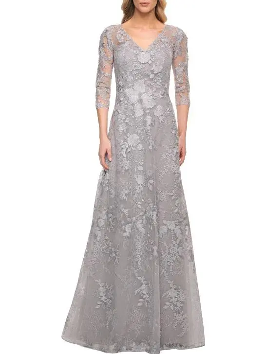 LABOMME Lace V-neck Evening Dress - Silver