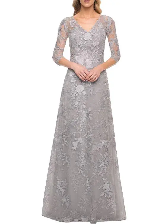 La Femme Floral Embroidered A-line Gown - Silver