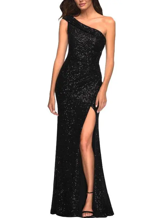 La Femme One-shoulder Sequin Gown With Slit - Black