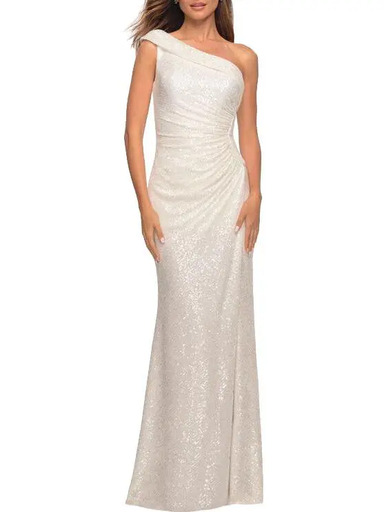 La Femme One-shoulder Sequin Gown With Slit - White