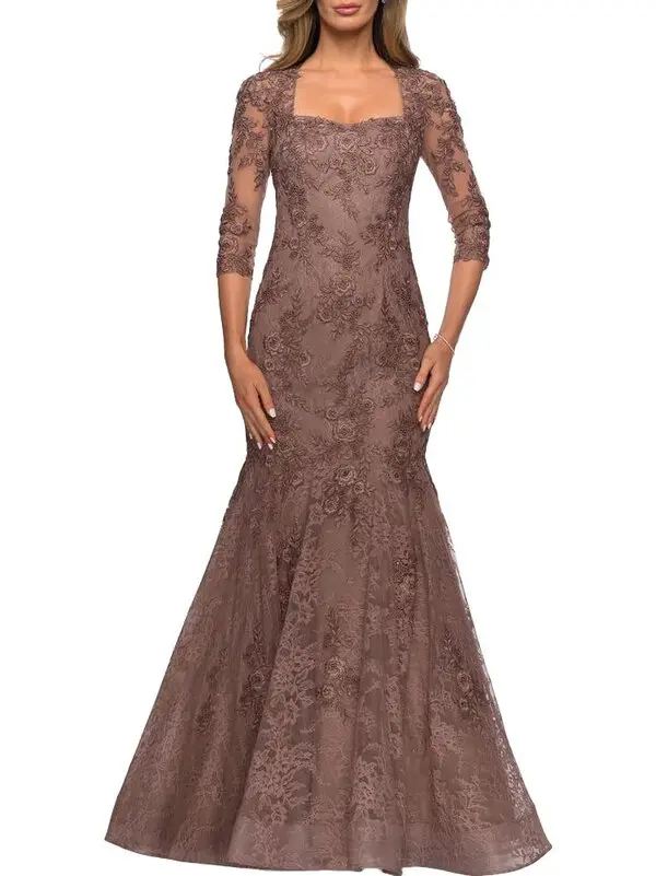 La Femme Floral Lace & Tulle Mermaid Gown - Cocoa
