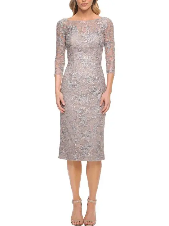 LABOMME Fitted Lace Midi Dress With Illusion Sleeves - Silver/mauve