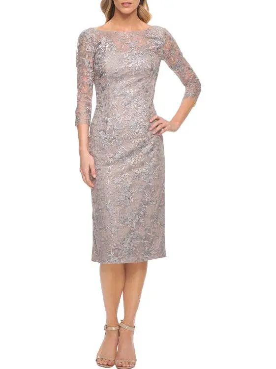 La Femme Metallic Lace Sheath Dress - Silver/mauve