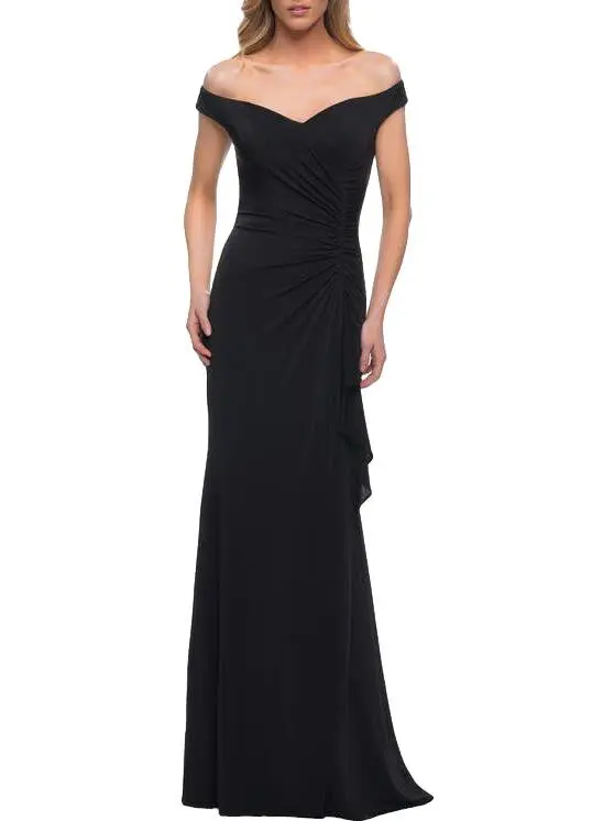 La Femme Off-the-shoulder Ruched Jersey Gown - Black