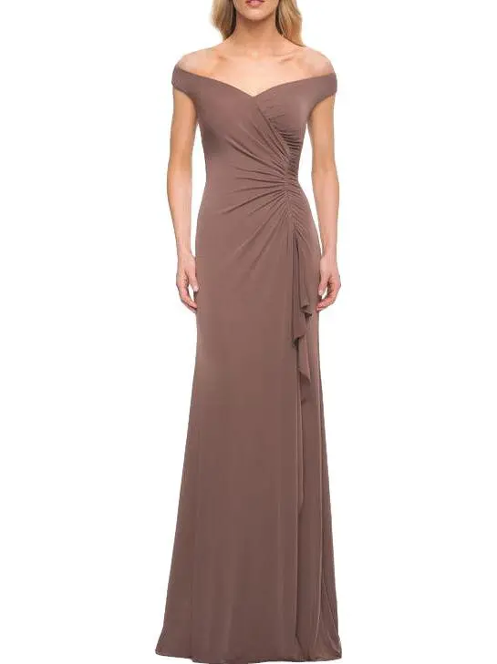 LABOMME Off-the-shoulder Ruched Gown - Cocoa