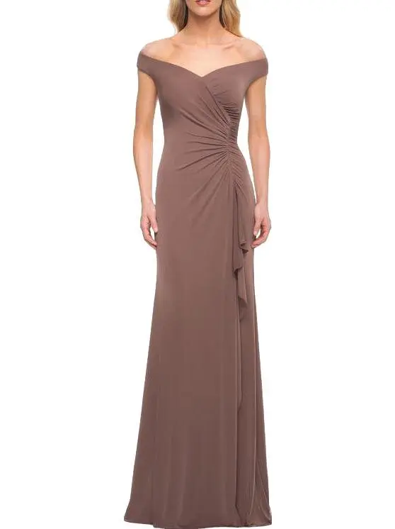 La Femme Off-the-shoulder Ruched Jersey Gown - Cocoa