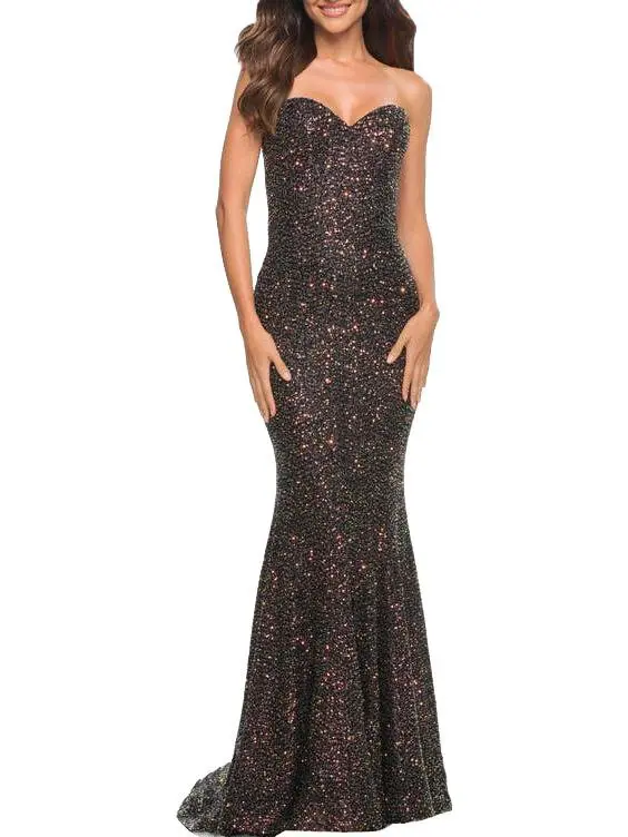 La Femme Strapless Sequin Gown - Black