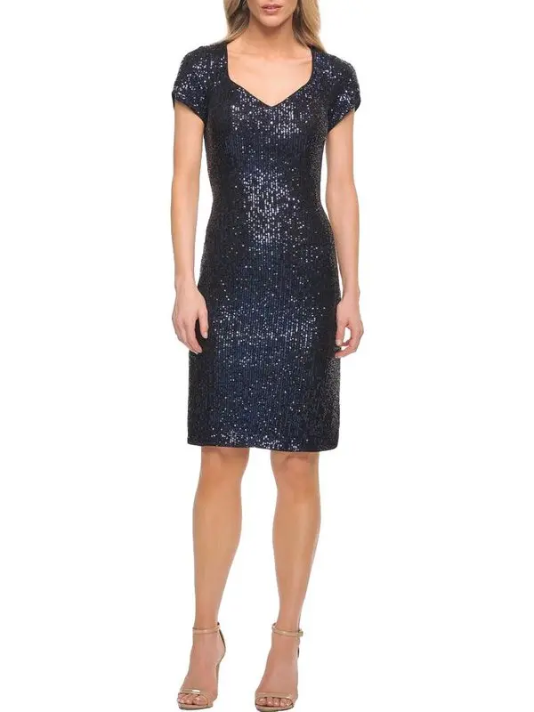 La Femme Sequin Sheath Dress With V-neck And Short Sleeves - Navy