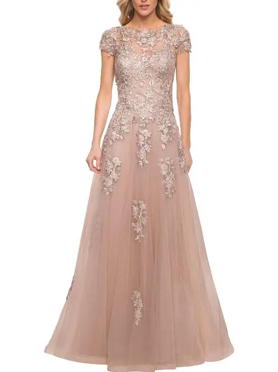LABOMME Lace And Tulle Gown With Sleeves - Blush