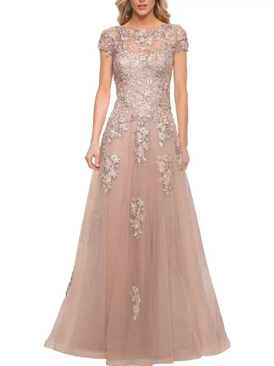 La Femme Cap Sleeve Tulle Gown - Blush