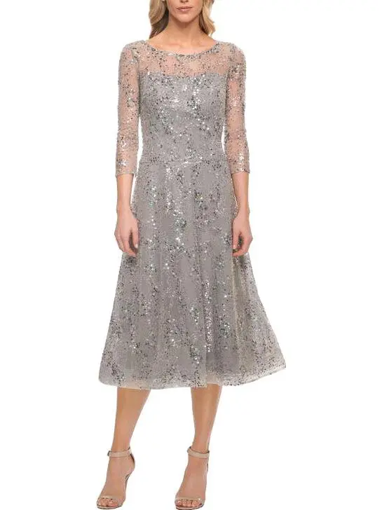 LABOMME Lace Tea Length Dress - Silver