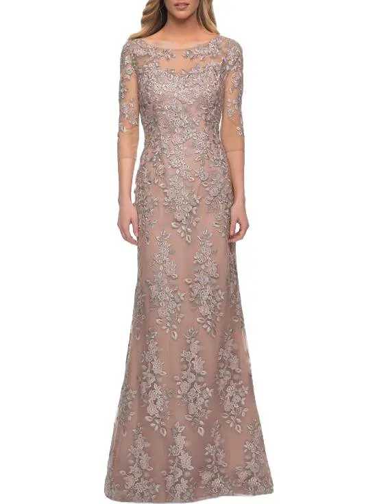 LABOMME Lace Applique Column Gown - Champagne