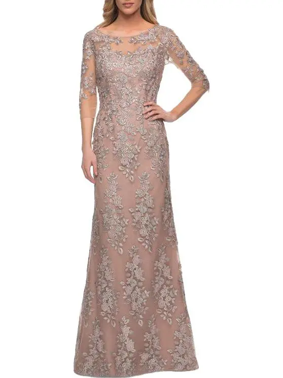 La Femme Floral Embroidered Sheer Overlay Column Gown - Champagne