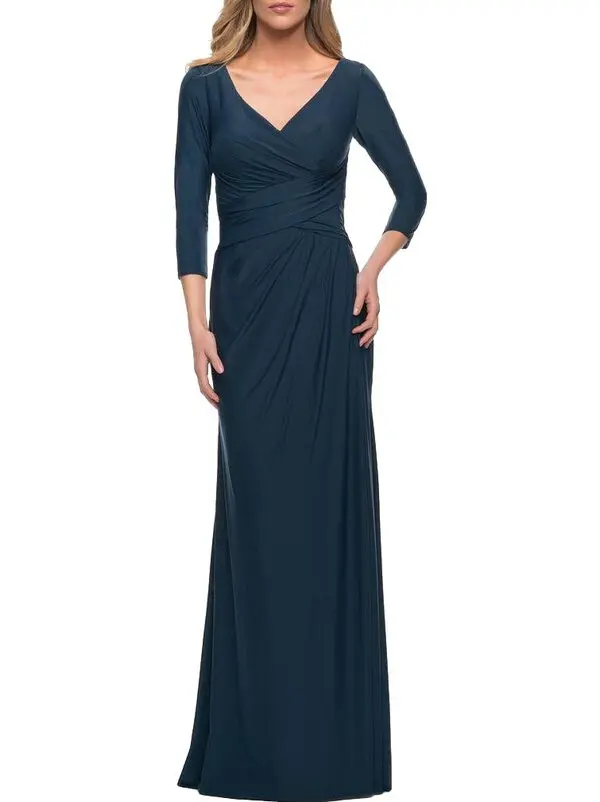 La Femme Ruched Bodice Sheath Gown - Dark Teal