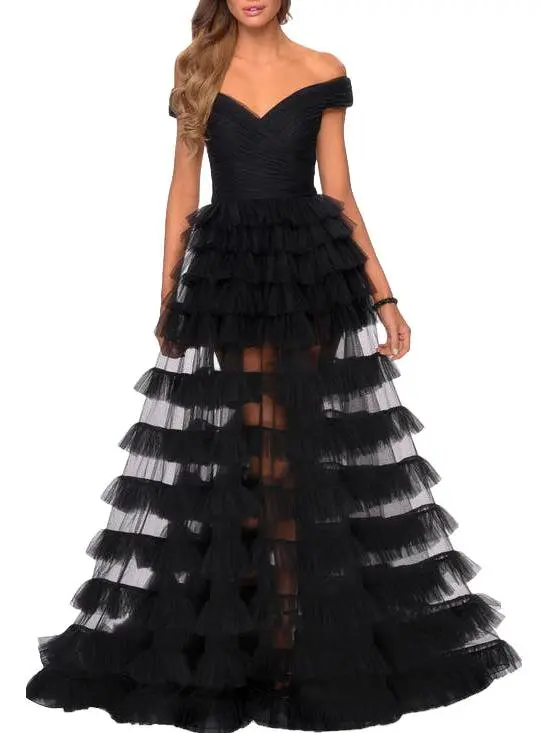 La Femme Off-the-shoulder Sheer Tulle Ballgown - Black
