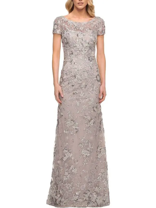 La Femme Lace Column Gown - Lavender/gray