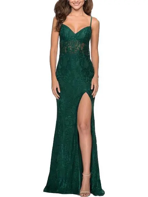 LABOMME Lace Prom Gown With Sheer Bodice And Open Back - Emerald