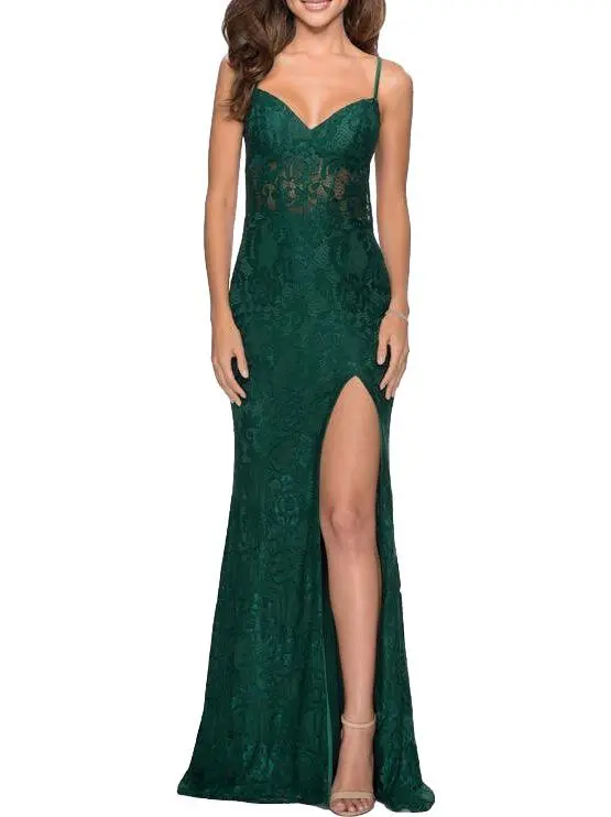 La Femme Strappy Back Lace Trumpet Gown - Emerald
