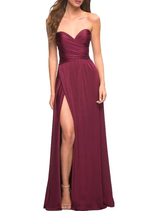 LABOMME Strapless Jersey Gown With Slit - Dark Berry