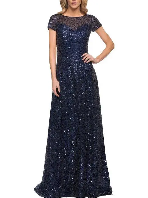 LABOMME Beaded Gown With Short Sleeves - Navy