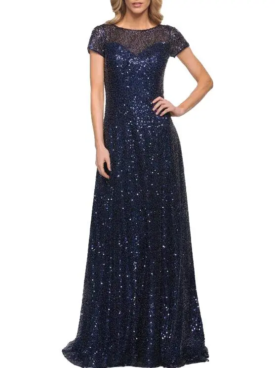 La Femme Embellished Illusion Mesh Column Gown - Navy
