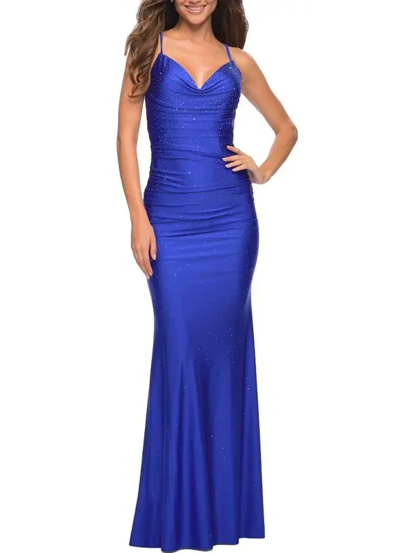 La Femme Embellished Strappy Back Trumpet Gown - Royal Blue