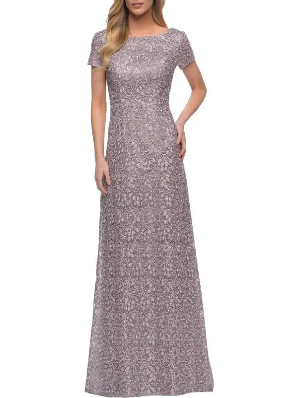 La Femme Embroidered Lace Column Gown - Dark Mauve