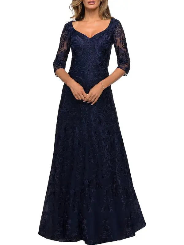 La Femme Embroidered A-line Gown - Navy