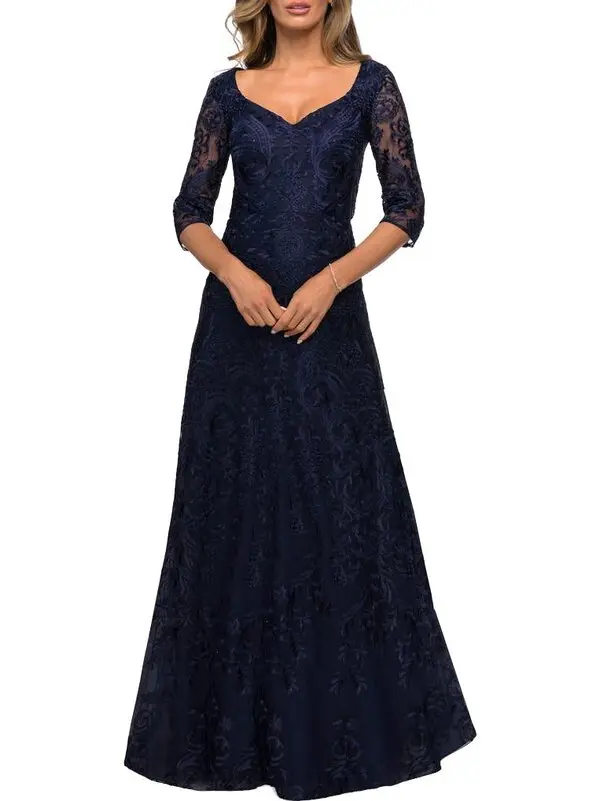 La Femme Embroidered A-line Gown - Navy