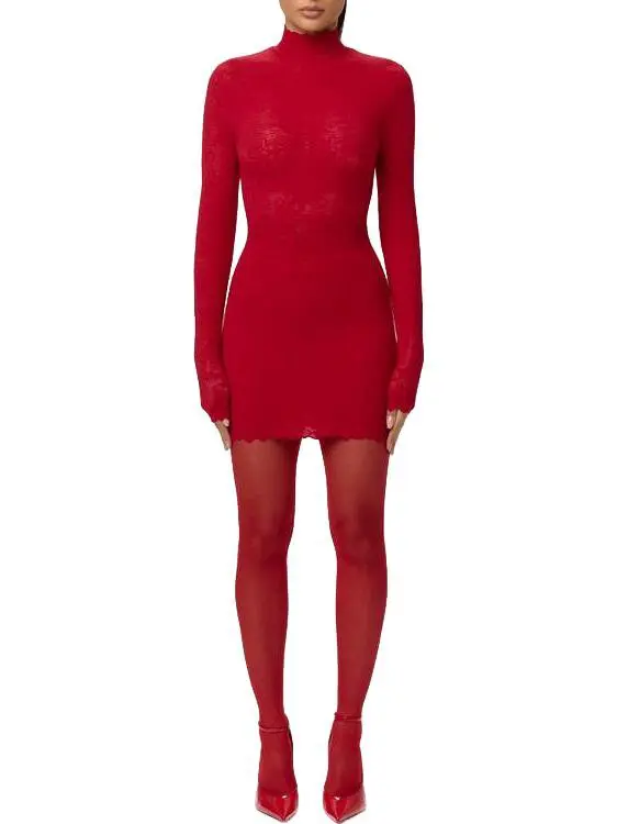 Naked Wardrobe Scalloped Long Sleeve Lace Minidress - Ruby Red