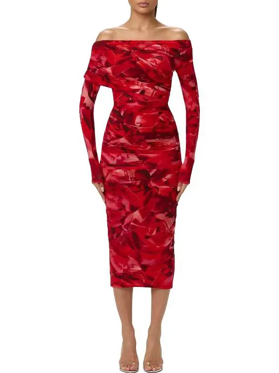 Naked Wardrobe Printed Off-the-shoulder Midi Dress - Rouge Rose