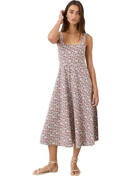 PACT Fit & Flare Square Neck Organic Cotton Dress - Paradise Petals Cream