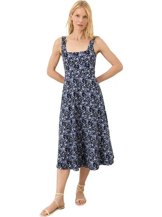 PACT Fit & Flare Square Neck Organic Cotton Dress - Paradise Petals Navy Blue