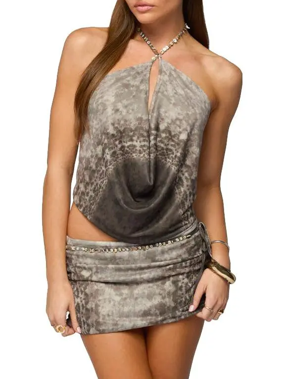 EDIKTED Printed Open Back Halter Top - Brown