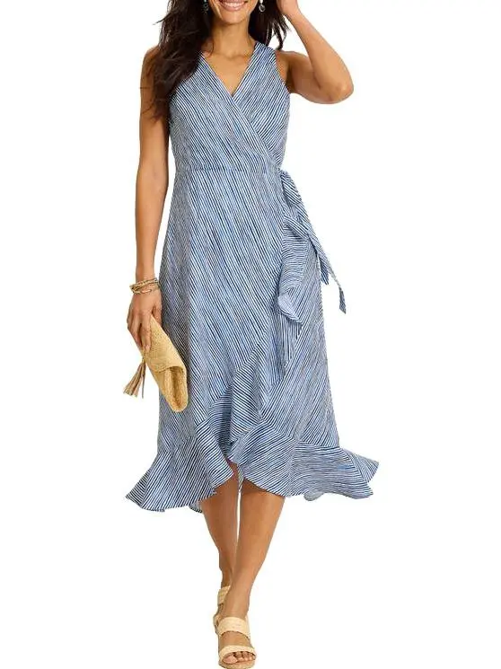 Tommy Bahama Striped Linen Wrap Midi Dress - Coastline