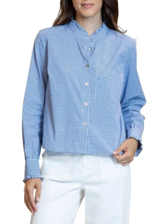 APNY Ruffle Detail Cotton Gingham Button-up Shirt - Cobalt Blue
