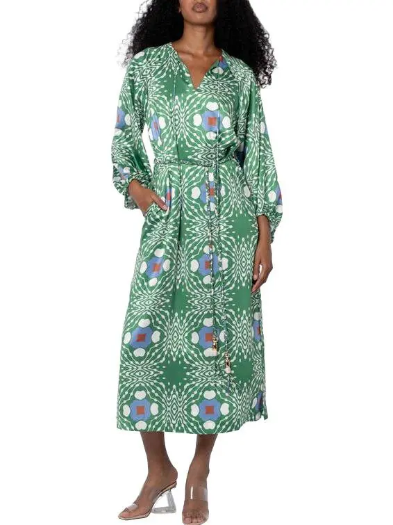 CIEBON Abstract Print Long Sleeve Satin Dress - Green Multi