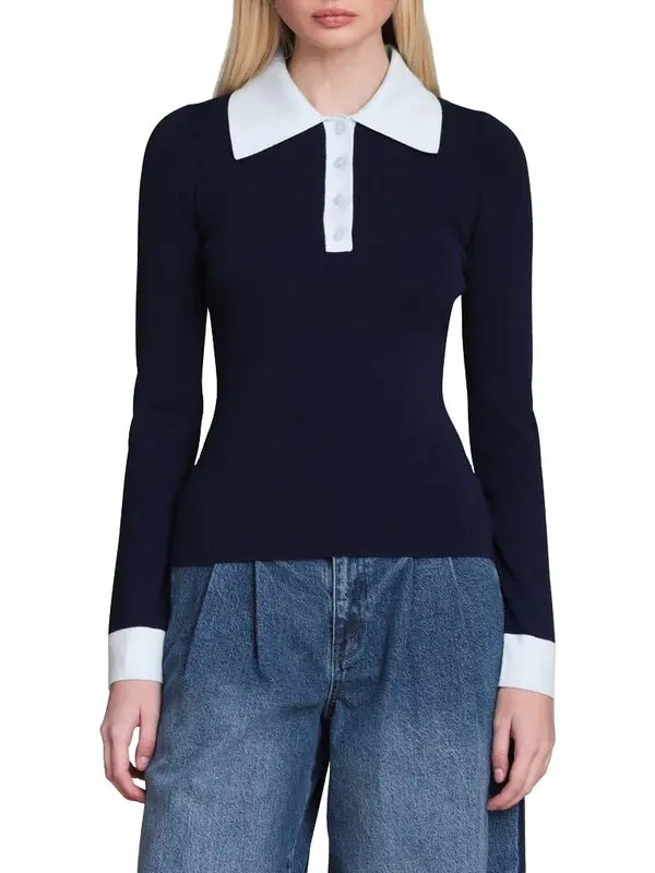 Avec Les Filles Long Sleeve Polo - Navy Colorblock