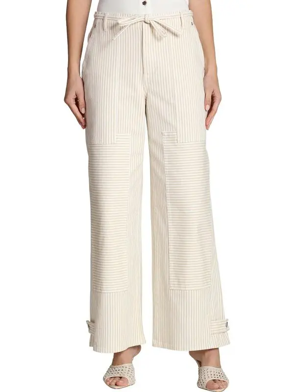 Avec Les Filles Tie Waist Patchwork Wide Leg Pants - Beige - White Stripe