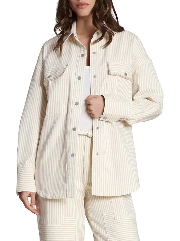 Avec Les Filles Striped Stretch Cotton Shirt Jacket - Beige - White Stripe