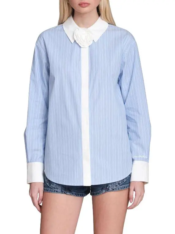Avec Les Filles Striped Cotton Shirt With Applique - Blue-white Stripe Multi