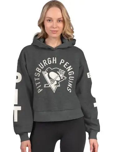 STARTER Pittsburgh Penguins Star Player Cropped Fleece Hoodie - Heather Charcoal