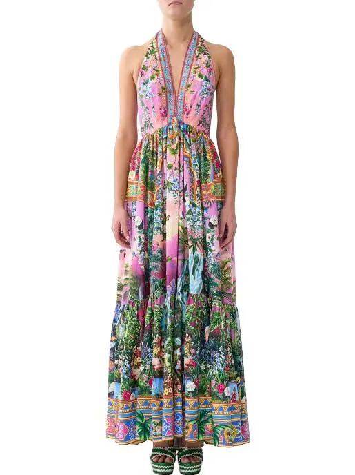 Camilla Ruffle Hem Halter Maxi Dress - Turkish Delight