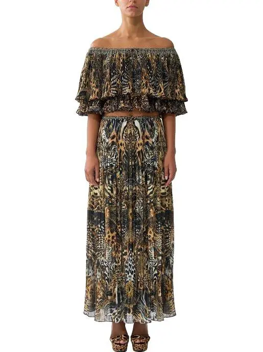 Camilla Printed Pleated Midi Skirt - Feline Folklore