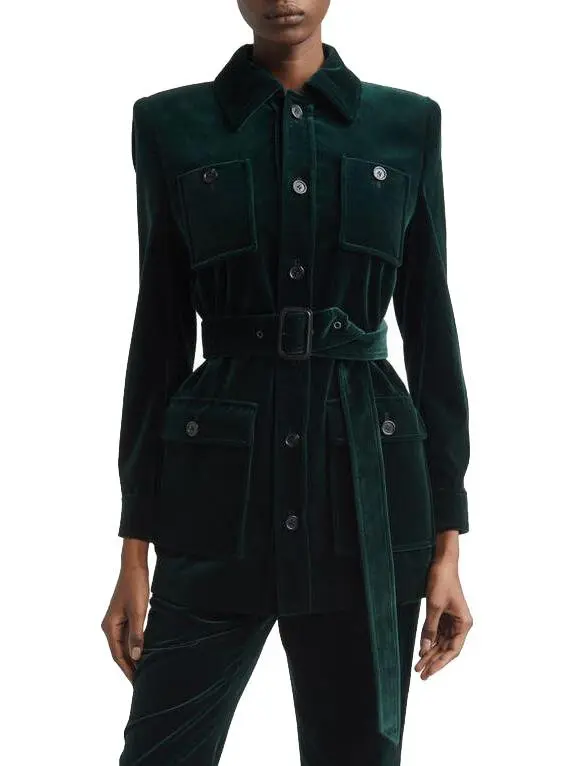 Saint Laurent Belted Cotton Velveteen Jacket - Emeraude